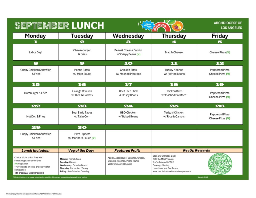 FOOD PROGRAM: September Lunch & Breakfast Menu | St. Thomas the Apostle ...