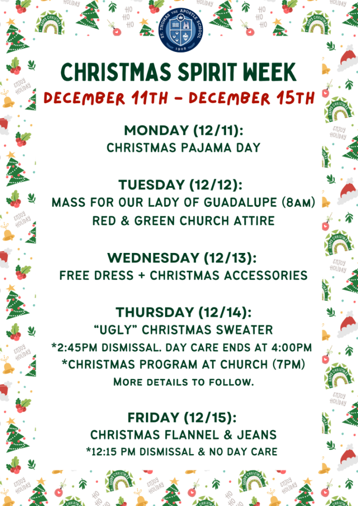 Christmas Spirit Week Begins Tomorrow! | St. Thomas the Apostle School